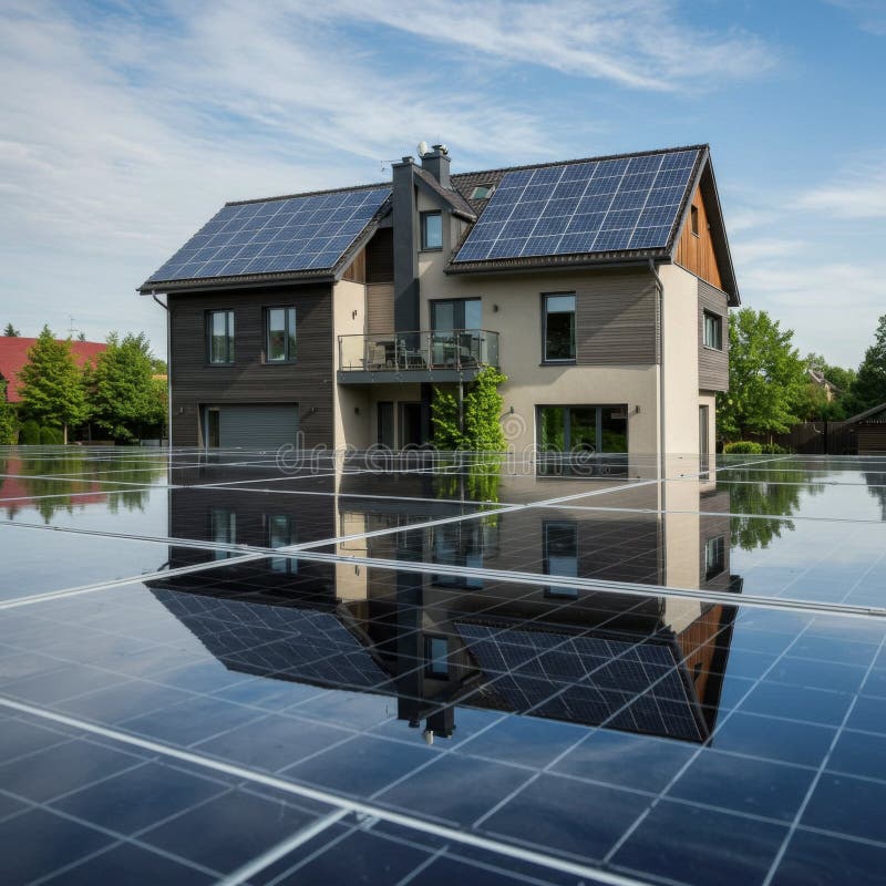 Modern House with Solar Panels and Reflection Stock Illustration ...