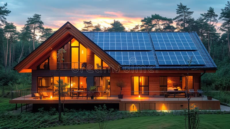 Modern House with Solar Panels on the Roof in Forest Stock Illustration ...