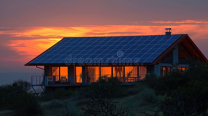 Modern House with Solar Panels on the Roof at Sunset Stock Illustration ...