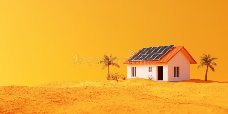 Modern House with Solar Panels in Sandy Landscape Under Yellow Sky ...