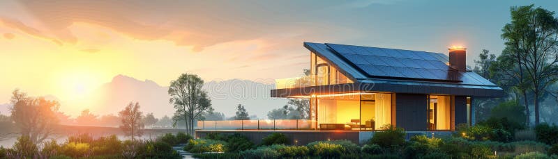 Modern House with Solar Panels at Sunset Stock Illustration ...