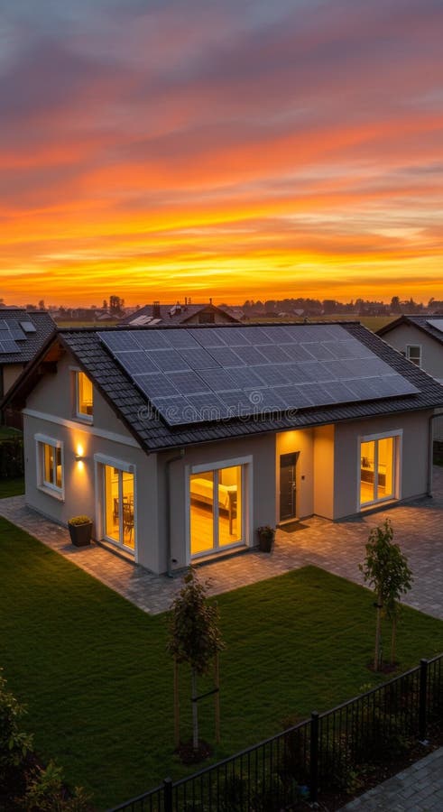 Modern House with Solar Panels at Sunset Stock Illustration ...