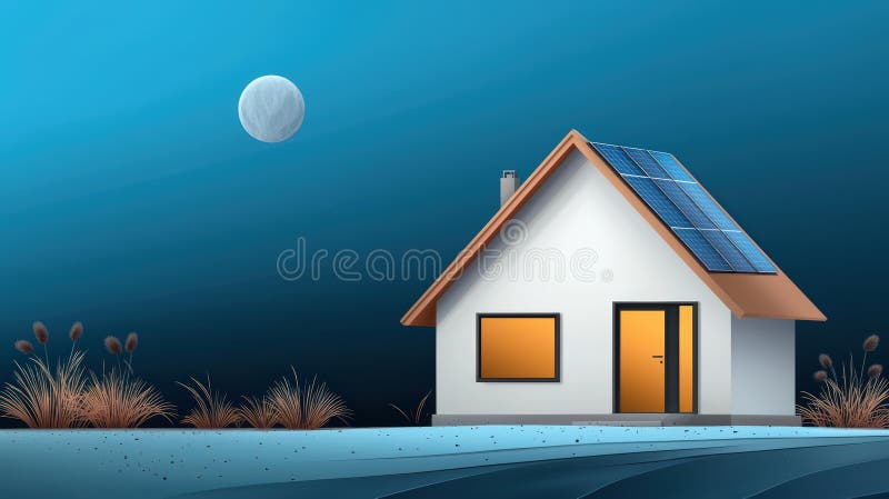 Modern House with Solar Panels Under a Night Sky and a Full Moon Stock ...