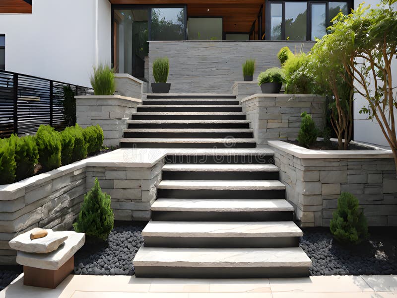 Modern House with Stairs, Steps and Garden Decoration Stock ...
