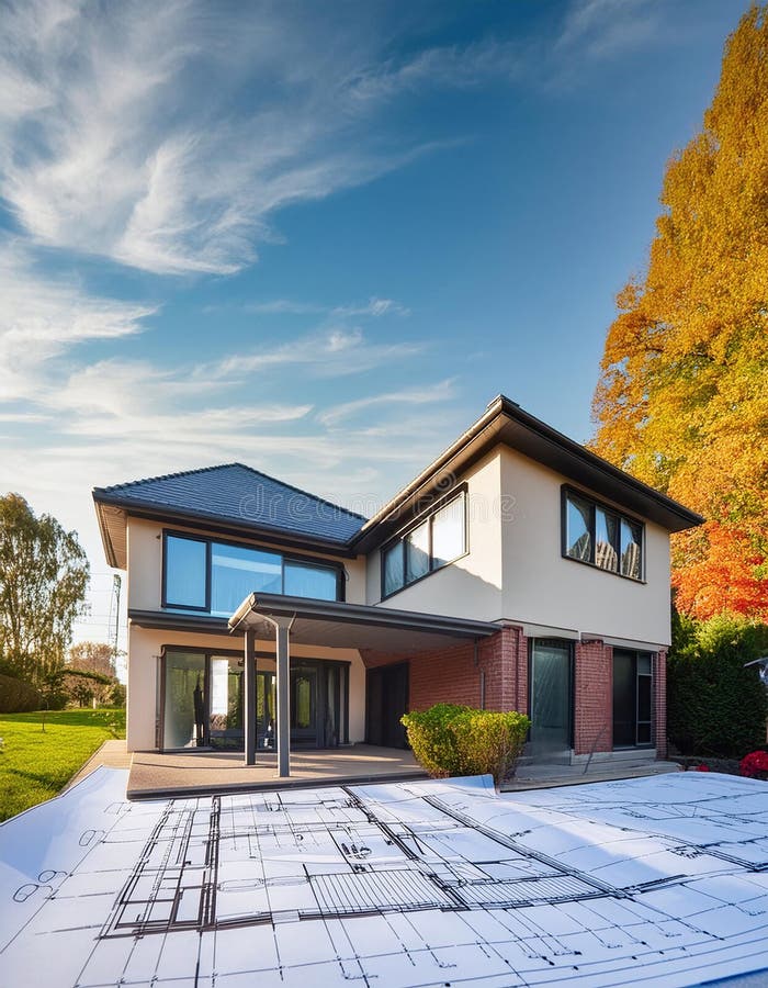 A Modern House Stands Completed beside Its Blueprints Spread Out on the ...