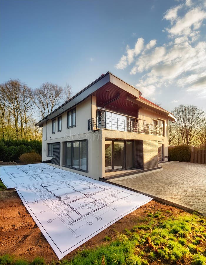 A Modern House Stands Completed beside Its Blueprints Spread Out on the ...