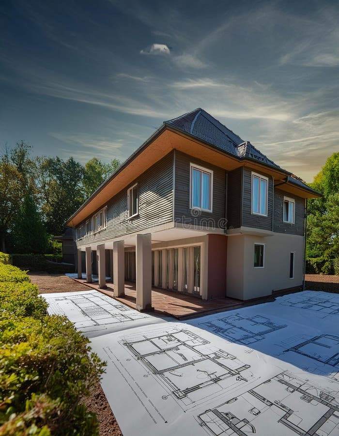 A Modern House Stands Completed beside Its Blueprints Spread Out on the ...