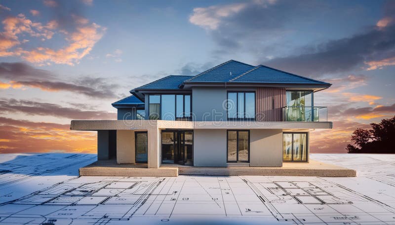A Modern House Stands Completed beside Its Blueprints Spread Out on the ...