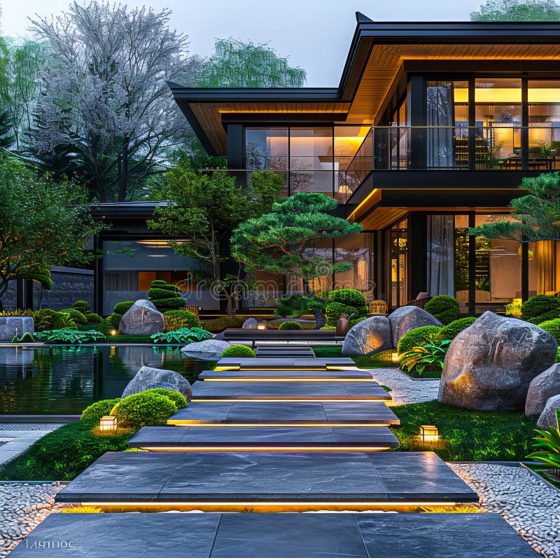 A Modern House with a Stone Path and Water Stock Photo - Image of ...