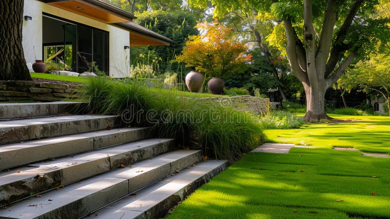 A Modern House with Stone Steps and Grass Stock Photo - Image of green ...