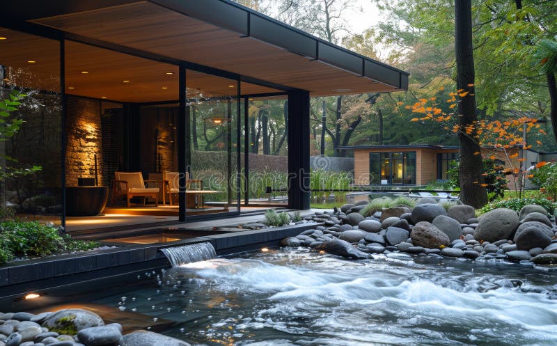 Modern House with Stream Running through it Stock Image - Image of ...