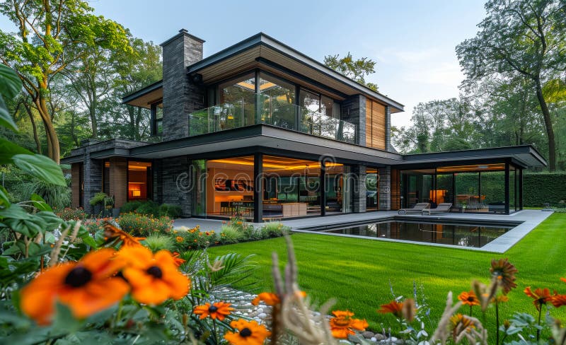 Modern House in the Suburbs with Pool View from the Garden Stock Image ...