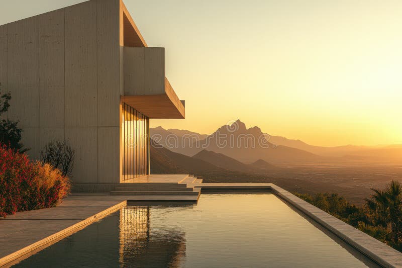 Modern House Sunset Mountain View Infinity Pool Stock Illustration ...