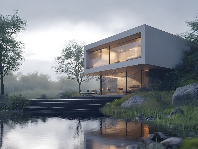 Modern House Surrounded by Nature and Calm Water Reflections Stock ...