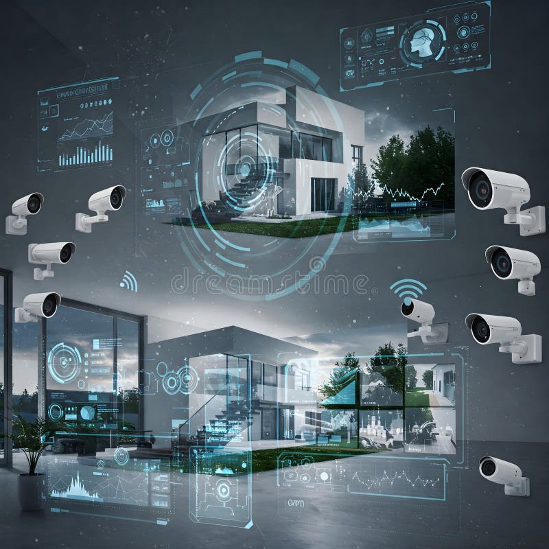 A Modern House Surrounded by Security Cameras and Digital Interfaces ...