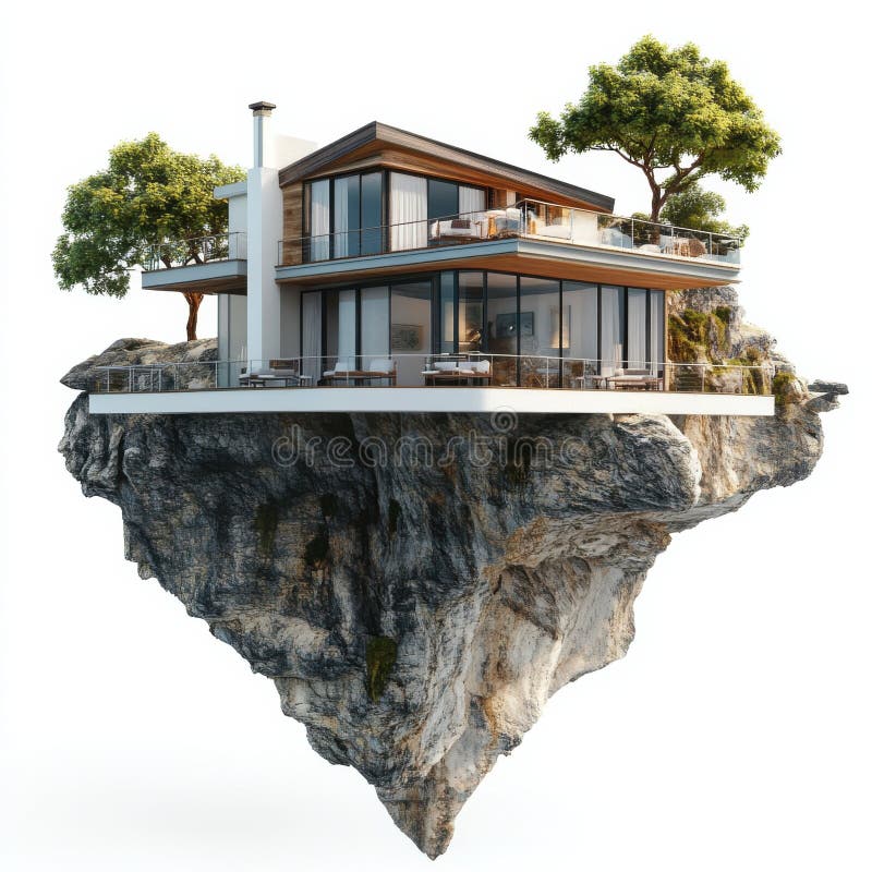 Modern House Suspended on Cliff with Trees and Architectural Design ...