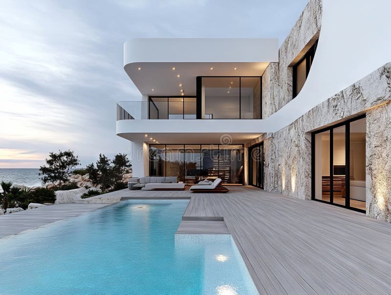 A Modern House with a Swimming Pool in Front of it Stock Image - Image ...