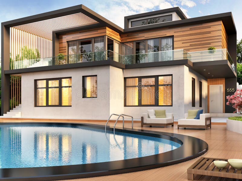 Modern House with Swimming Pool Stock Image - Image of apartment, happy ...