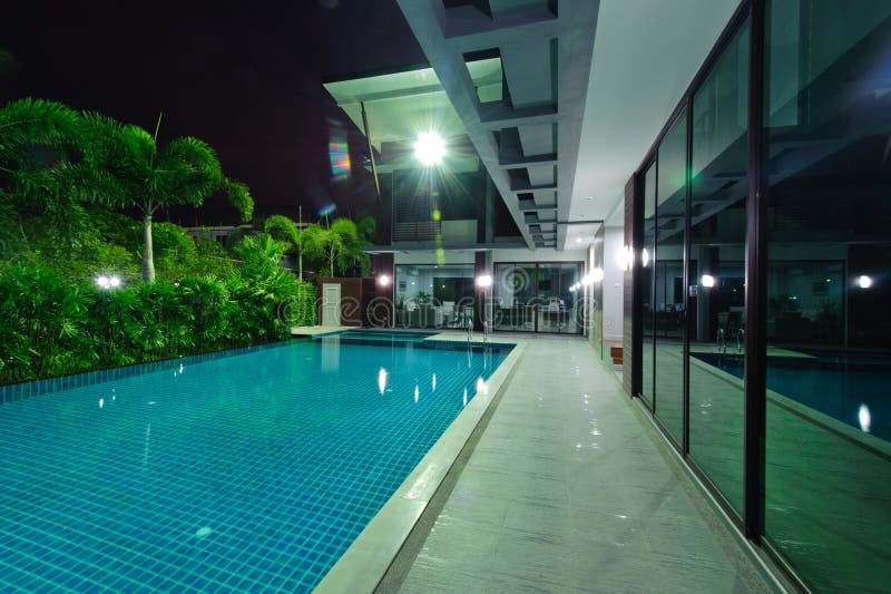 Modern House with Swimming Pool at Night Stock Image - Image of holiday ...