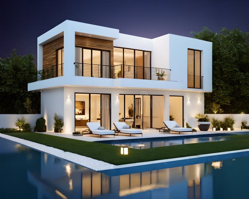 Modern House with Swimming Pool at Night. Stock Illustration ...
