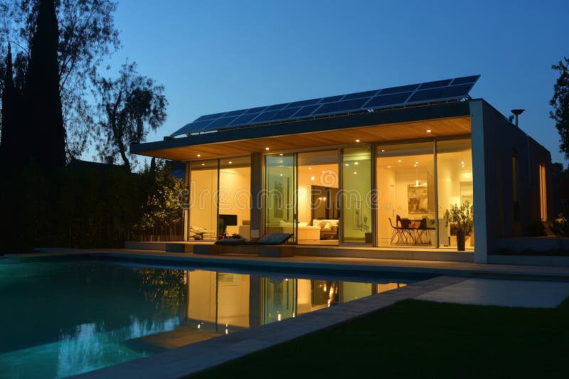 Modern House with Swimming Pool and Solar Panels at Dusk Stock ...