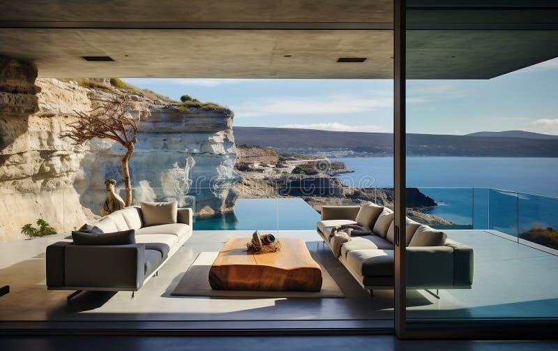 Modern House Terrace with Panoramic Opened Windows. Generative AI Stock ...