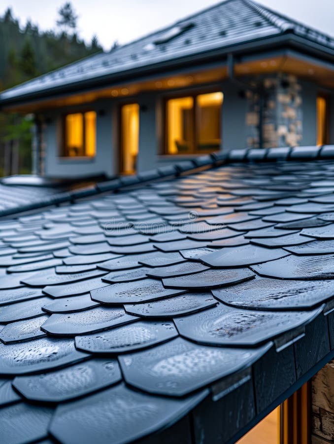 Modern House with a Tiled Roof Illuminated at Night Stock Image - Image ...
