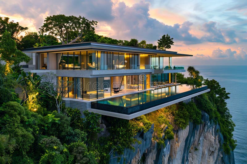 A Modern House on Top of a Cliff Overlooking the Ocean Stock Image ...