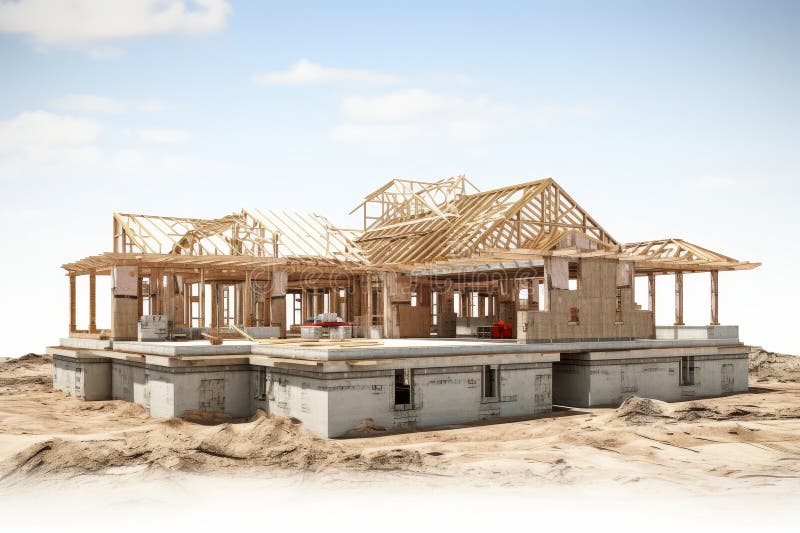 Modern House Under Construction on Blueprint Plans for New Home ...