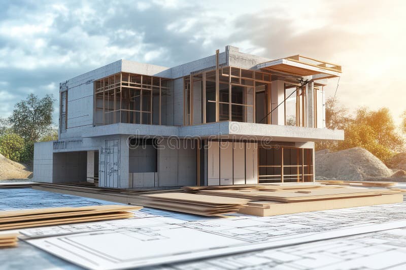 Modern House Under Construction from Blueprint To Frame Stock Photo ...