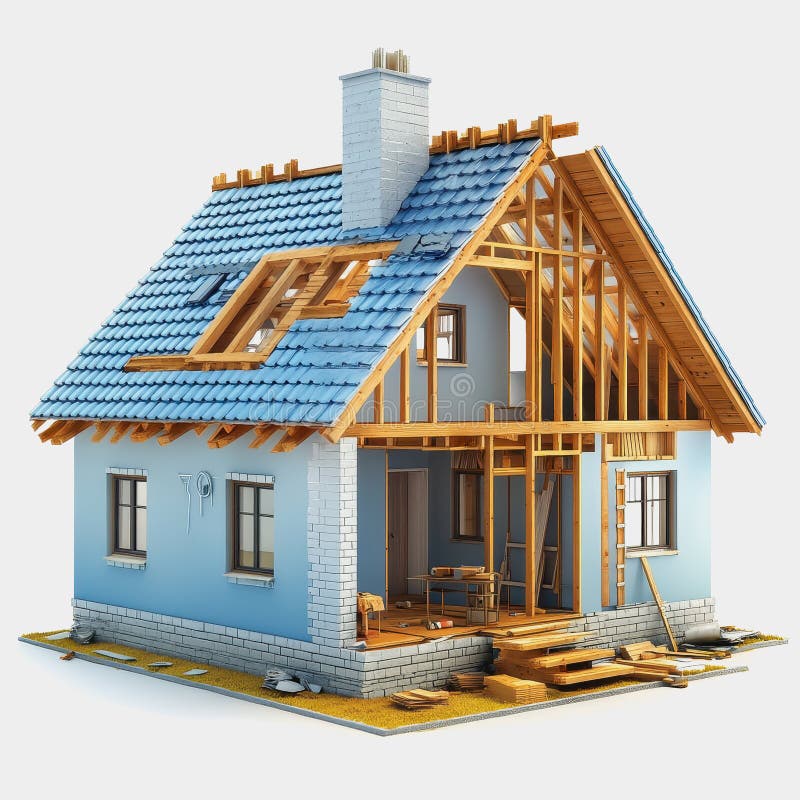 Modern Wooden House Under Construction with Exposed Framework, Roof ...