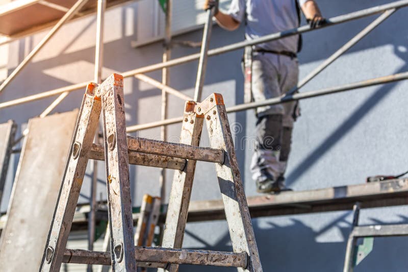 Modern House Under Construction with Scaffold Pole Platform Stock Image ...
