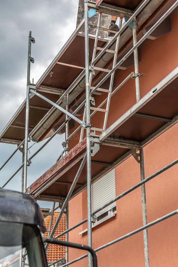 Modern House Under Construction with Scaffold Pole Platform Stock Image ...