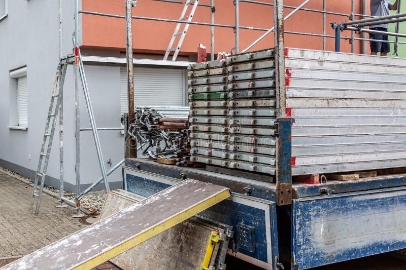 Modern House Under Construction with Scaffold Pole Platform Stock Image ...