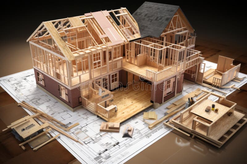 Modern House Under Construction with Workers on Blueprints for ...