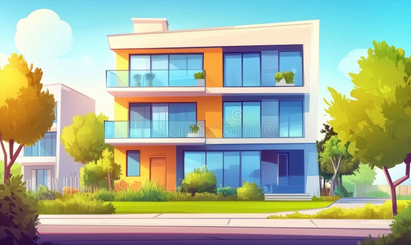Modern House with Vibrant Colors and Large Windows, Featuring Balconies ...