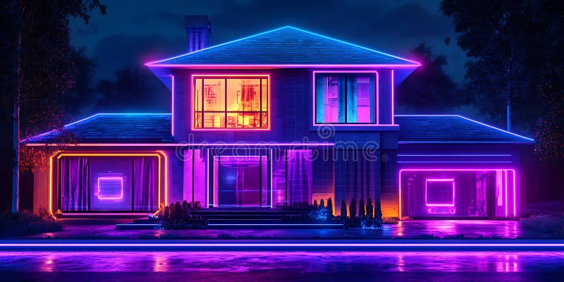 Modern House with Vibrant LED Lighting at Night Stock Illustration ...