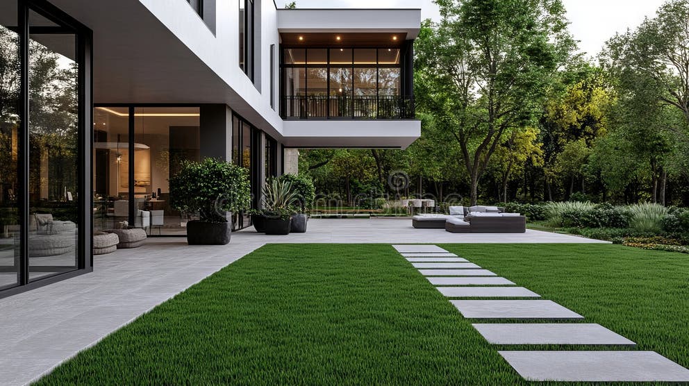 A Modern House with a Walkway Leading To the Front Yard Stock Photo ...