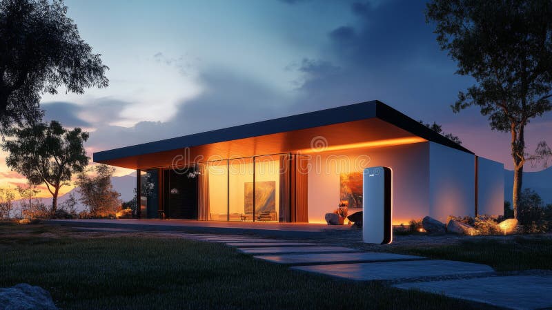 Modern House with Warm Evening Illumination Stock Illustration ...