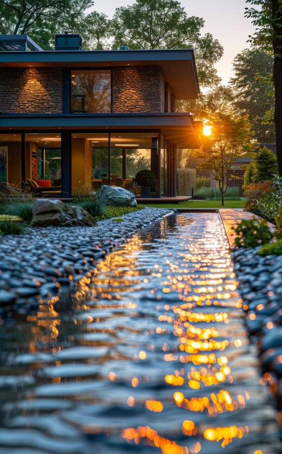 Modern House with Water Feature Stock Photo - Image of trees, grass ...