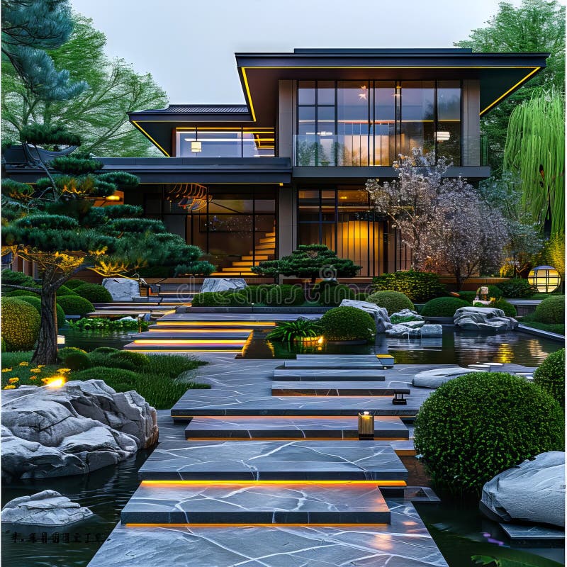 A Modern House with a Water Feature and Stone Steps Stock Image - Image ...