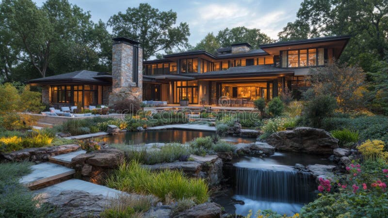 Modern House with Waterfall and Garden at Dusk Stock Illustration ...