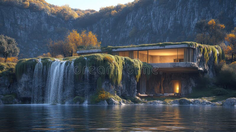Modern House by Waterfall and Lake at Sunset Stock Image - Image of ...