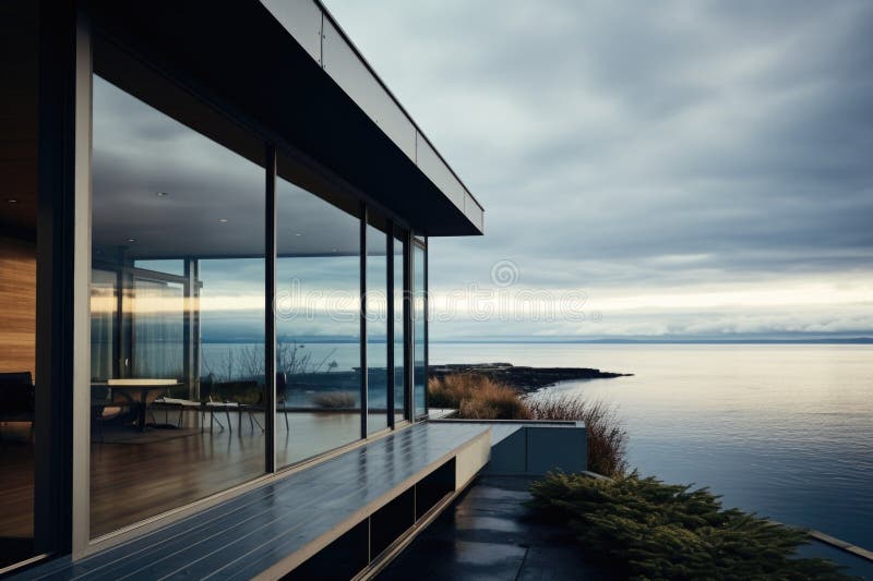 Modern House with Wide Windows Facing the Sea Stock Image - Image of ...