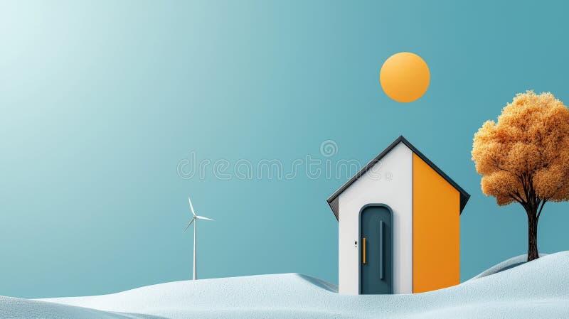 Modern House with Wind Turbine and Tree Under a Sunny Sky Stock ...