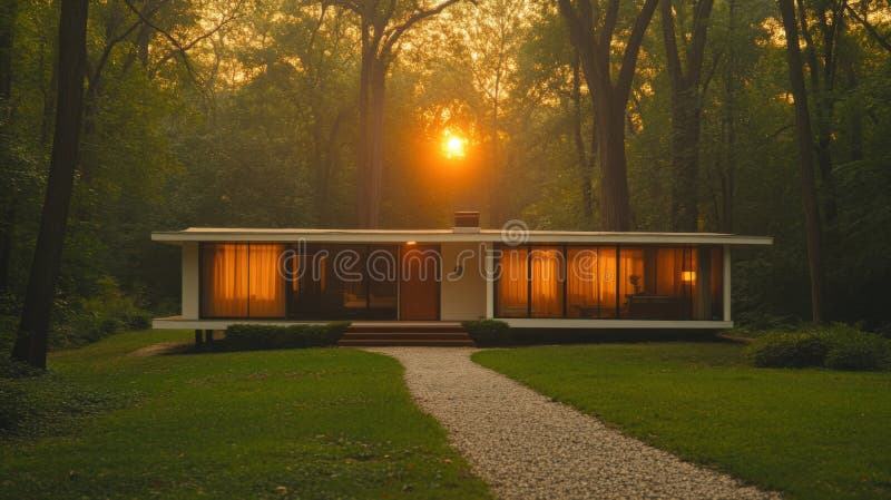 Modern House in a Wooded Setting at Sunset Stock Photo - Image of ...