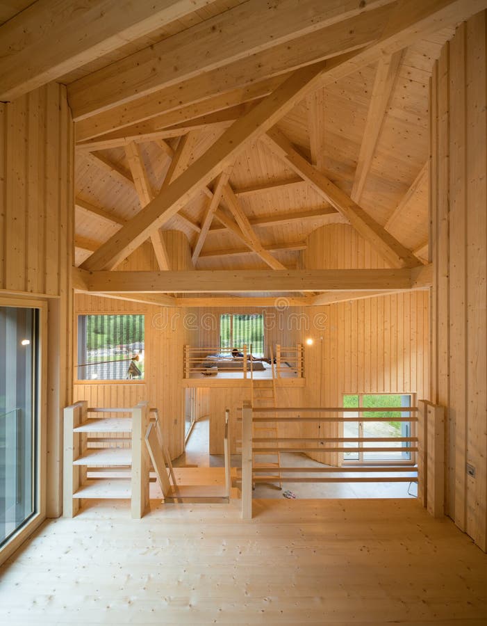 Interior of Modrn Wooden House Stock Image - Image of design, beams ...
