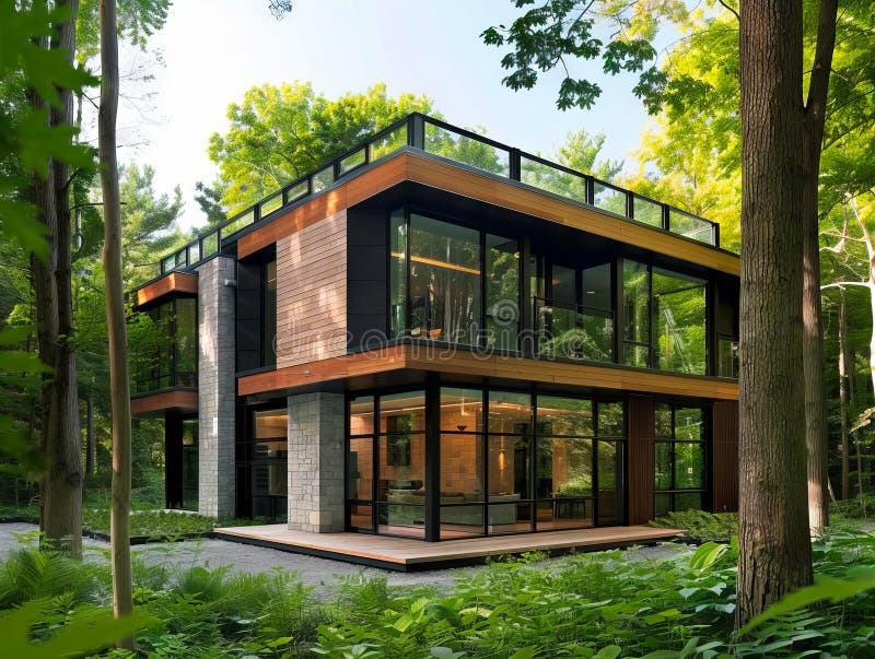 A Modern House in the Woods with Glass Windows Stock Image - Image of ...