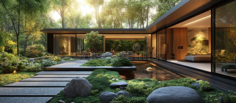 MODERN HOUSE with a ZEN GARDEN and LARGE WINDOWS OVERLOOKING a POND ...