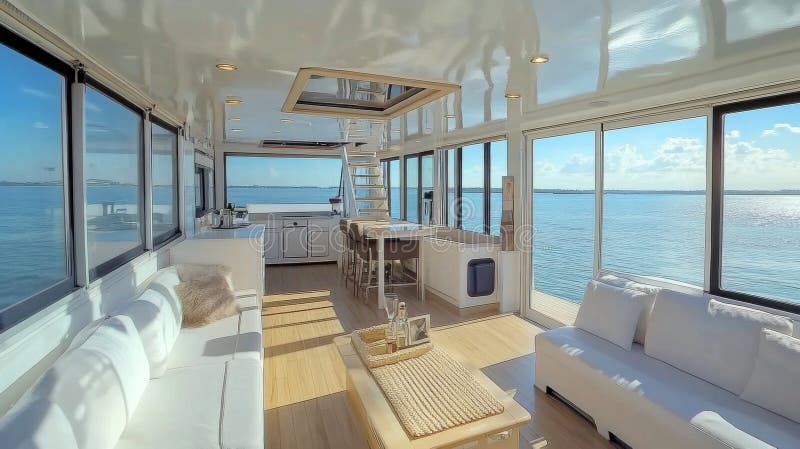 Modern Houseboat Interior Design with Ocean View and Kitchenette Stock ...